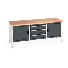Bott Kastenwerkbank cubio, mit 3 Schubladen, Stahl, Buche-Multiplexplatte, B 2000 x T 750 x H 840 mm, lichtgrau/anthrazit
