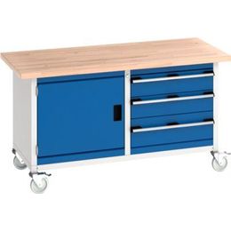 Bott Kastenwerkbank Cubio, 4 Lenkrollen, 3 Schubladen, 1 T&uuml;r, 40 mm Buche-Massiv, B 1500 x T 750 x H 840 mm, enzianblau/lichtgrau