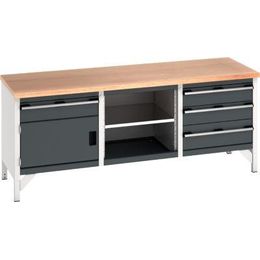 Bott Werkbank cubio Kastenwerkbank mit 4 Schubladen, Buche-Multiplexplatte, B 2000 x T 750 x H 840 mm, lichtgrau/anthrazit