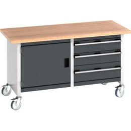 Bott Kastenwerkbank Cubio, 4 Lenkrollen, 3 Schubladen, 1 T&uuml;r, 40 mm Buche-Multiplexplatte, B 1500 x T 750 x H 840 mm, anthrazit/lichtgrau