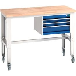 Bott Werkbank cubio, 4 Rollen, mit H&auml;ngeschrank, Buche-Massivplatte, B 1500 x T 750 mm, enzianblau/lichtgrau
