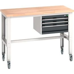 Bott Werkbank cubio, 4 Rollen, mit H&auml;ngeschrank, Buche-Massivplatte, B 1500 x T 750 mm, Stahlblech, anthrazit/lichtgrau