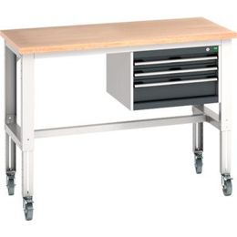 Bott Werkbank cubio, 4 Rollen, mit H&auml;ngeschrank, Buche-Multiplexplatte, B 1500 x T 750 mm, Stahlblech, lichtgrau/anthrazit