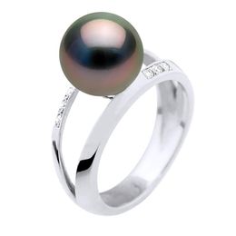 Armreif-Ring-Schmuck 0,06 cts &ndash; Wei&szlig;gold &ndash; echte Tahiti-Zuchtperle rund 9&ndash;10 mm