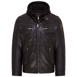Schwarze Herren-Bikerjacke aus Leder mit Kapuze &ndash; Stavern