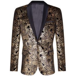 Klassischer Smoking-Blazer f&uuml;r Herren aus schwarzem Samt mit goldenem Paisleymuster und ma&szlig;geschneiderter Passform