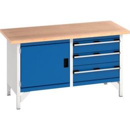 Bott Kastenwerkbank KW-1578-2.3, 3 geschlossene Schubladen, Fl&uuml;gelt&uuml;r, Buche-Multiplexplatte, 1500 x 750 x 840 mm, enzianblau/lichtgrau