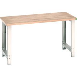 Bott Werkbank cubio, manuell h&ouml;henverstellbar, Buche-Multiplexplatte, B 1500 x T 750 x H 740&ndash;1140 mm, bis 800 kg, lichtgrau/enzianblau