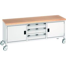 Bott Kastenwerkbank cubio, 4 Lenkrollen, 3 Schubladen, Buche-Multiplexplatte, B 2000 x T 750 x H 840 mm, lichtgrau/lichtgrau