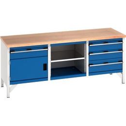 Bott Werkbank cubio Kastenwerkbank mit 4 Schubladen, Buche-Multiplexplatte, B 2000 x T 750 x H 840 mm, enzianblau RAL 5010/lichtgrau RAL 7035