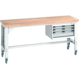 Bott Werkbank cubio, 4 Rollen, mit H&auml;ngeschrank, Buche-Massivplatte, B 2000 x T 750 mm, lichtgrau RAL 7035, 300 kg Tragkraft