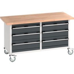 Bott Kastenwerkbank cubio, 6 Schubladen, 4 feststellabre Rollen, Buche-Massiv, B 1500 x T 750 x H 840 mm, anthrazit/lichtgrau