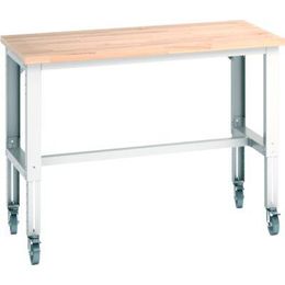 Bott Werkbank Cubio, 4 Lenkrollen, h&ouml;henverstellbar, Buche-Massiv, B 1500 x T 750 mm, bis 300 kg, lichtgrau RAL 7035