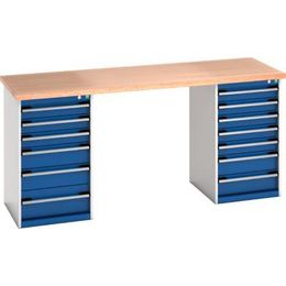 Bott Werkb&auml;nke Cubio, Buche-Multiplexplatte, B 2000 x T 750 x H 940 mm, bis 1500 kg, 13 Schubladen, lichtgrau/anthrazitgrau