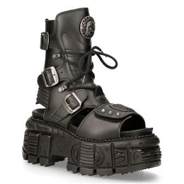 New Rock Unisex-Sandalenstiefel aus schwarzem veganem Leder &ndash; BIOS107-V1
