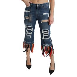 Dolce & Gabbana Dolce & Gabbana - Kurze, tief sitzende Baumwolljeans mit blauem Federmuster f&uuml;r Damen