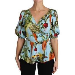 Dolce & Gabbana Dolce & Gabbana Mehrfarbiges Gem&uuml;sedruck-Seiden-Top Peplum Wickelbluse