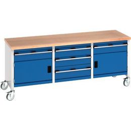 Bott Kastenwerkbank cubio, 5 Schubladen, Buche-Multiplexplatte, 4 Lenkrollen, B 2000 x T 750 x H 840 mm, enzianblau/lichtgrau