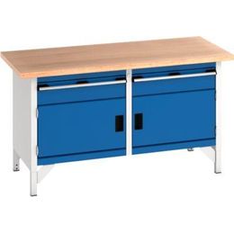 Bott Werkbank cubio Kastenwerkbank mit 2 Schubladen, Buche-Multiplexplatte, B 1500 x T 750 x H 840 mm, enzianblau/lichtgrau