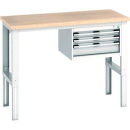 Bott Werkbank cubio, manuell h&ouml;henverstellbar, Buche-Multiplexplatte, B 1500 x H 740-1140 mm, bis 800 kg, lichtgrau RAL 7035, 3 Schubladen