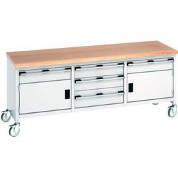 Bott Kastenwerkbank cubio, 5 Schubladen, Buche-Multiplexplatte, 4 Lenkrollen, B 2000 x T 750 x H 840 mm, lichtgrau/lichtgrau