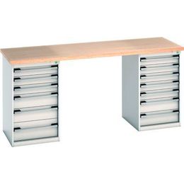 Bott Werkbank Cubio, Buche-Multiplexplatte 40 mm, B 2000 x T 750 x H 940 mm, Stahl, 13 Schubladen, Buche/enzianblau RAL 5010/lichtgrau RAL 7035