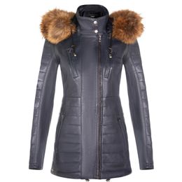Damen-Parkajacke aus Leder in schmaler Passform mit Kapuze &ndash; Northam