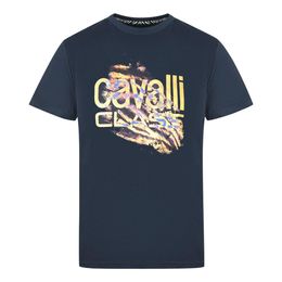 Cavalli Class Slashed Tiger Print Bold Logo Navy T-Shirt