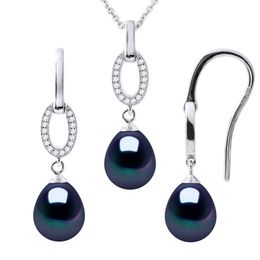 NORMANDY Schmuck Halskette & Ohrringe baumeln schwarz S&uuml;&szlig;wasserperle 925