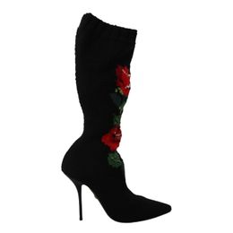 Dolce & Gabbana Dolce & Gabbana Schwarze Stretch-Socken Rote Rosen Stiefeletten Damenschuhe