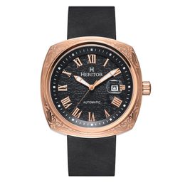 Montre automatique Heritor Davenport avec bo&icirc;tier grav&eacute; et bracelet en cuir avec date