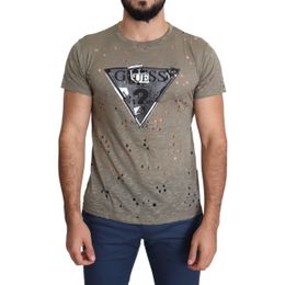 Guess T-shirt marron en coton stretch imprim&eacute; logo pour hommes, d&eacute;contract&eacute; et perfor&eacute;
