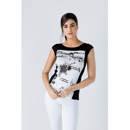 Schwarzes Print-Detail-Cap-&Auml;rmel-Top