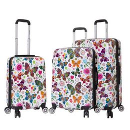 Hartschalen-4-Rad-Gep&auml;cktaschen-Koffer-Set mit Schmetterlingsdruck f&uuml;r 3 Personen