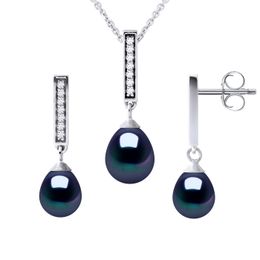 Finery Montaigne Halskette & Ohrringe baumeln schwarz S&uuml;&szlig;wasserperle 925