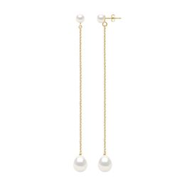 Doppelte Ohrringe aus Gelbgold &ndash; echte S&uuml;&szlig;wasser-Zuchtperlen, Knopf 5&ndash;6 mm + Birne 8&ndash;9 mm
