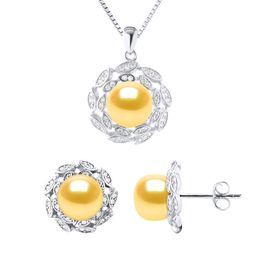 Schmuck Halskette & Ohrringe FLOWER Sweet Water Perlen Golden 9-10 mm 925