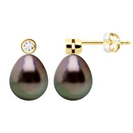 Ohrringe Prestige &ndash; Diamanten 0,02 ct &ndash; Gelbgold &ndash; echte Tahiti-Zuchtperlen, Birne 9&ndash;10 mm