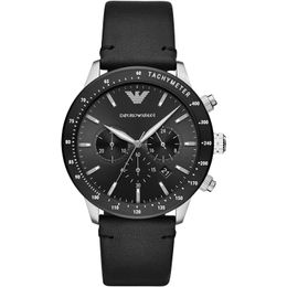 Diese Emporio Armani Mario Chronograph Uhr f&uuml;r Herren ist das perfekte Accessoire zum tragen oder verschenken. Ihr Silber 43 mm Rund Geh&auml;use kombiniert mit dem bequemen Schwarz Armband aus Leder garantiert, dass Sie diese atemberaubende Uhr kompromisslos genie&szlig;en werden. Angetrieben von einem hochwertigen Quarz Uhrwerk und wasserdicht bis 3 bars, l&auml;uft Ihre Uhr stets weiter. Diese klassische uhr g