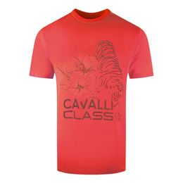 Cavalli Class Rotes T-Shirt mit floralem Tiger-Design der Cavalli-Klasse