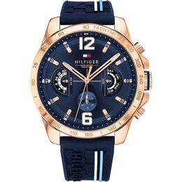 Stylische Herrenuhr von der Marke Tommy Hilfiger. Die Uhr hat ein Kautschukarmband, das auch kleiner gemacht werden kann, das Geh&auml;use hat einen Durchmesser von 46 mm und das Uhrwerk ist ein Quarzwerk. Marke: Tommy HilfigerModellname: 1791474 (46mm)Kategorie: HerrenuhrMaterialien: Edelstahl, KautschukFarbe: rose gold, blau