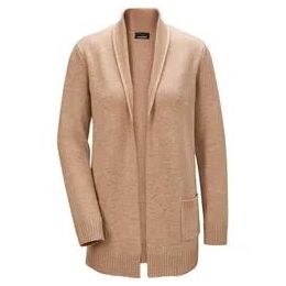 Strickjacke GOLDNER "Kurzgr&ouml;&szlig;e Langarm Cardigan aus Merino", Damen, Gr. 24, beige (beige, melange), Obermaterial: 100% Schurwolle WV., figurumspielend, weit Rippe, Strickjacken Strickjacke, Schalkragen