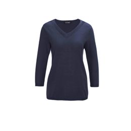 Rundhalspullover GOLDNER "Baumwollpullover mit Ajour-Details", Damen, Gr. 42, blau (marine), Obermaterial: 50% Baumwolle CO. 50% Polyacryl PAN., V-Ausschnitt, weit Rippe, Pullover Rundhalspullover, Mit h&uuml;bschen Ajourdetails am V-Ausschnitt