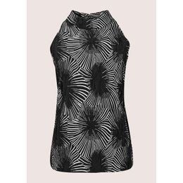 Madeleine Mode Kurzarmshirt MADELEINE "Shirt Print-Neckholder mit Stehkragen und gerader Form", Damen, Gr. 34, schwarz (schwarz, wei&szlig;), Obermaterial: 95% Polyester PES. 5% Elasthan EL., Modern, gerade, Shirts, Stehkragen mit Kn&ouml;pfen