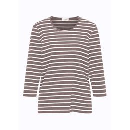 3/4-Arm-Shirt GOLDNER "Jerseyshirt mit Rundhals", Damen, Gr. 46, beige (taupe, wei&szlig;, geringelt), Obermaterial: 95% Baumwolle CO. 5% Elasthan EL., normal, Tubular, Shirts 3/4-Arm-Shirt, Garngef&auml;rbte und dadurch farbbest&auml;ndige Ringel