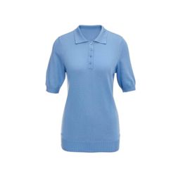 Kurzarmpullover GOLDNER "Hemdkragenpullover mit Knopfleiste", Damen, Gr. 46, blau (jeansblau), Obermaterial: 50% Baumwolle CO. 50% Polyacryl PAN., normal, Sonstiges, Pullover, Ohne