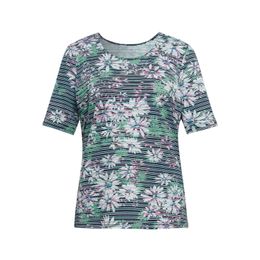 Print-Shirt GOLDNER "Kurzgr&ouml;&szlig;e Streifenshirt mit Blumenmotiv", Damen, Gr. 19, blau (dunkelmarine, mint, gemustert), Obermaterial: 50% Viskose CV. 45% Polyester PES. 5% Elasthan EL., Tubular, Shirts, Vielseitig kombinierbar