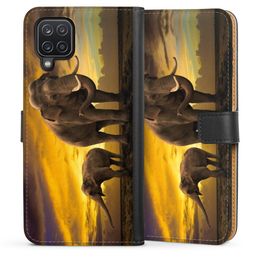 DeinDesign Galaxy A12 Handy Klapph&uuml;lle Handyh&uuml;lle aus Kunst Leder schwarz Flip Case Sunshine Elefant Sunset Sideflip mit langer Lasche