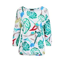 Kurzarmshirt GOLDNER "Kurzgr&ouml;&szlig;e Viskoseshirt mit Allover-Druck", Damen, Gr. 21, wei&szlig; (wei&szlig;, gr&uuml;n, gemustert), Obermaterial: 95% Viskose CV. 5% Elasthan EL., gerade, Gerade, Shirts, Gummibund