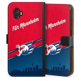DeinDesign Galaxy XCover 6 Pro Handy Klapph&uuml;lle Handyh&uuml;lle aus Kunst Leder schwarz Flip Case Sports Logo Adler Mannheim Sideflip mit langer Lasche